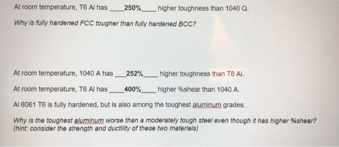 Solved At room temperature, T6 Al has 250% higher toughness | Chegg.com