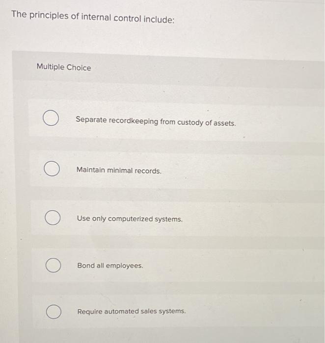 Solved The principles of internal control include: Multiple | Chegg.com