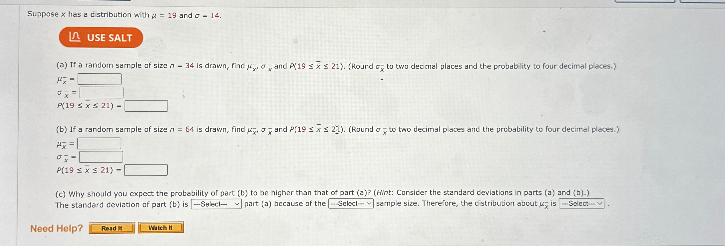 Solved Suppose x ﻿has a distribution with μ=19 ﻿and σ=14.(a) | Chegg.com