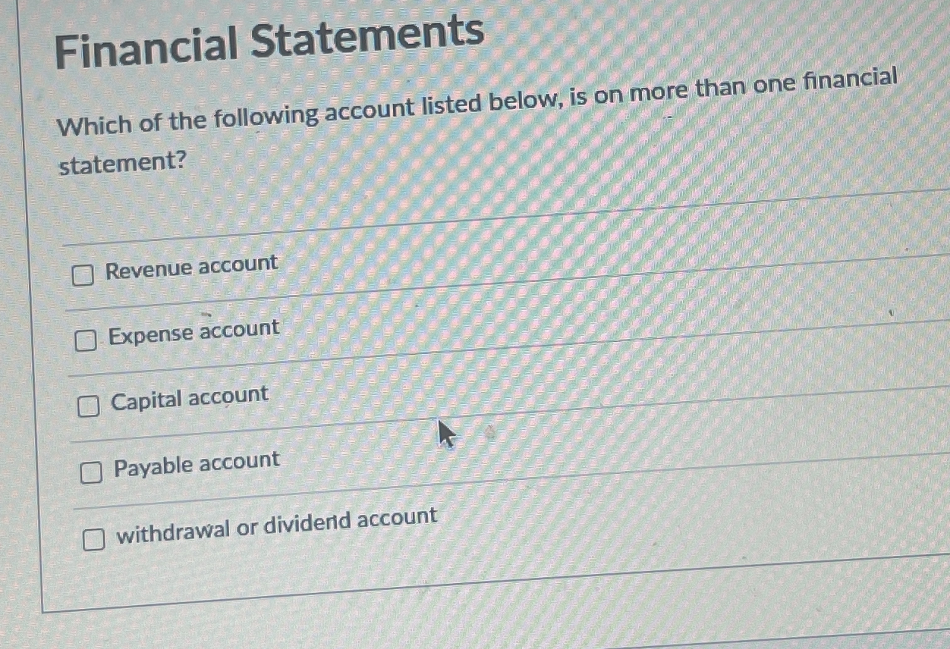 Solved Financial StatementsWhich of the following account | Chegg.com