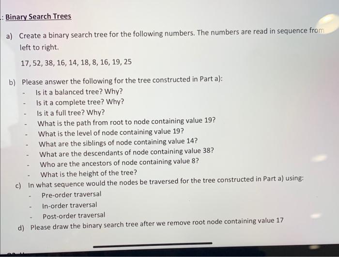 Solved : Binary Search Trees a) Create a binary search tree | Chegg.com