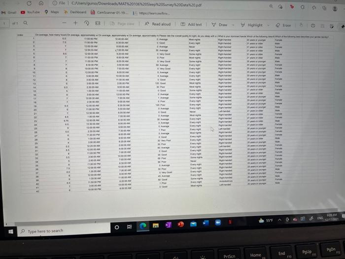 Sleep Study Data as pdf file (same data as | Chegg.com
