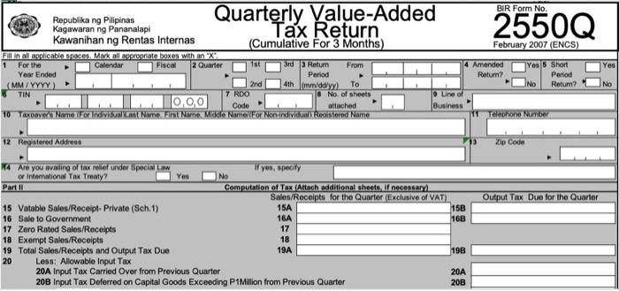 BIR Form No. Quarterly Value-Added Tax Return | Chegg.com