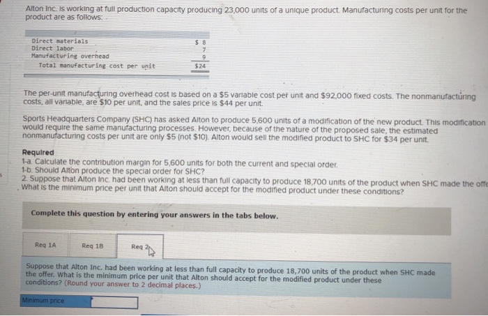 Solved Alton Inc. is working at full production capacity | Chegg.com