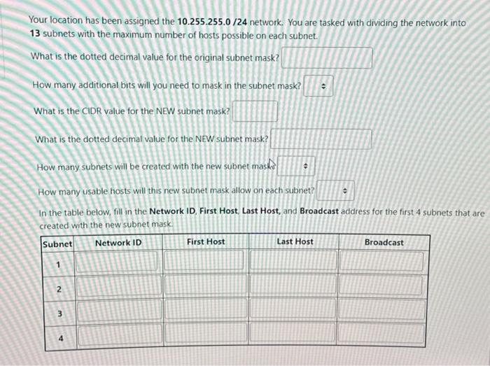 Solved Your location has been assigned the 10.255.255.0/24 | Chegg.com