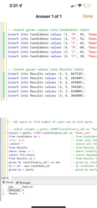 Solved Given A Database Of The Results Of An Election Find 