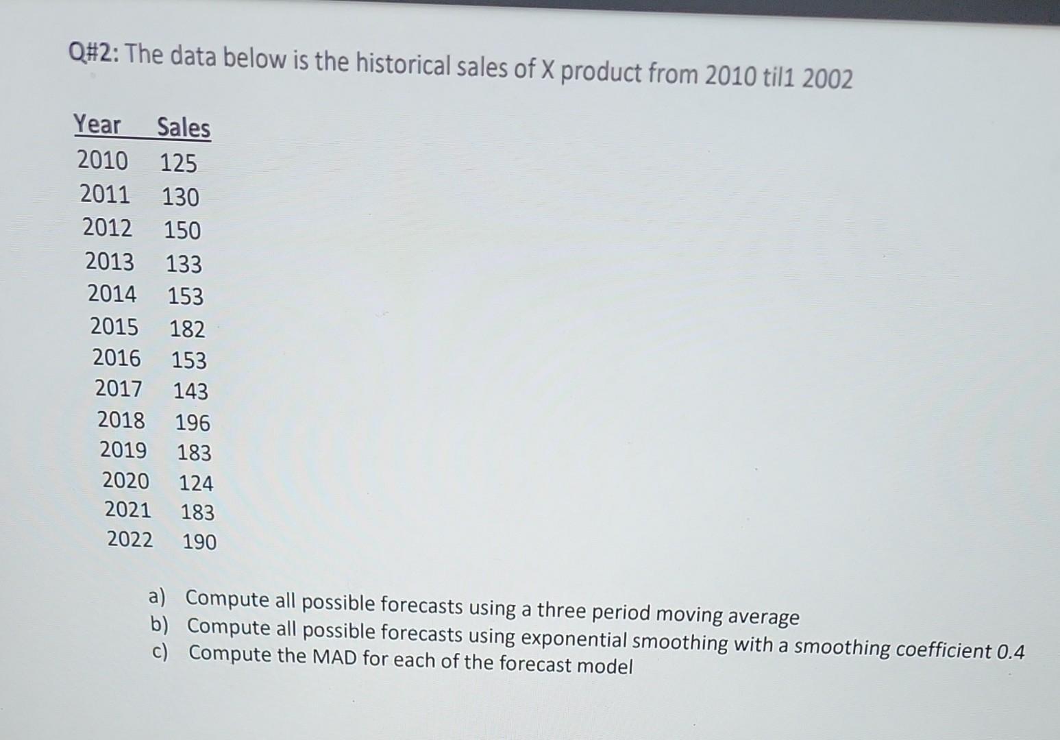 Solved Q\#2: The data below is the historical sales of X | Chegg.com