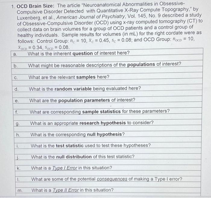 Solved 1. OCD Brain Size: The article "Neuroanatomical | Chegg.com