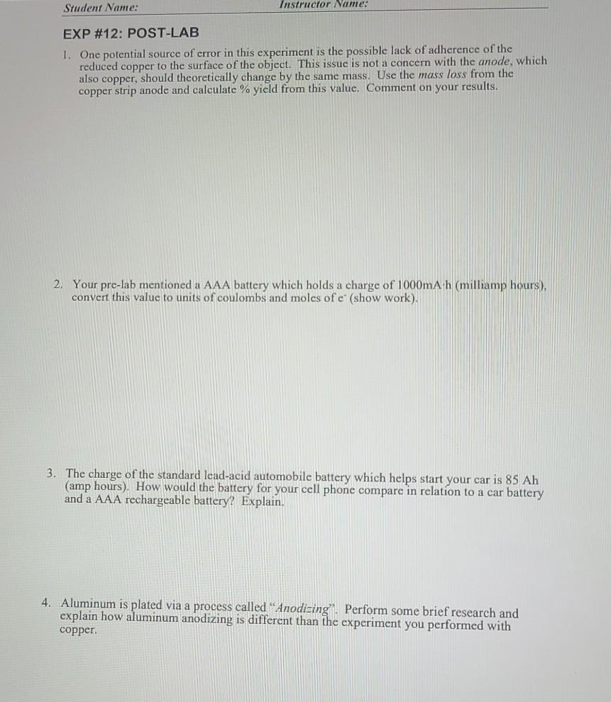 Solved DATA (EXP #12): Part 2: Electroplating the Object | Chegg.com