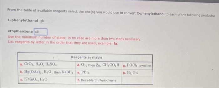 Solved From the table of available reagents select the | Chegg.com