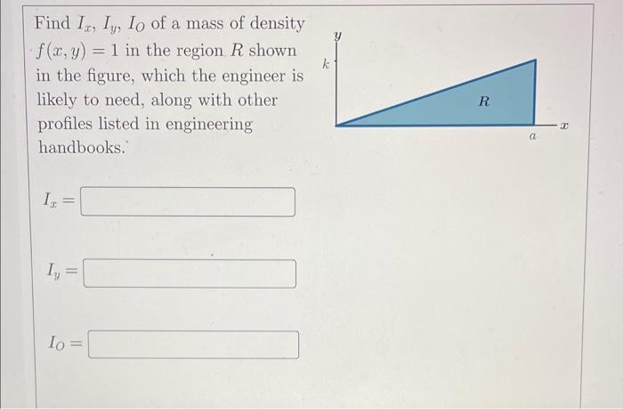 Solved Find Ix,Iy,IO of a mass of density f(x,y)=1 in the | Chegg.com