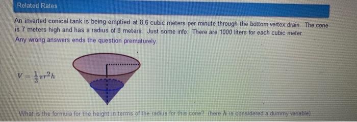 Solved Related Rates An inverted conical tank is being | Chegg.com