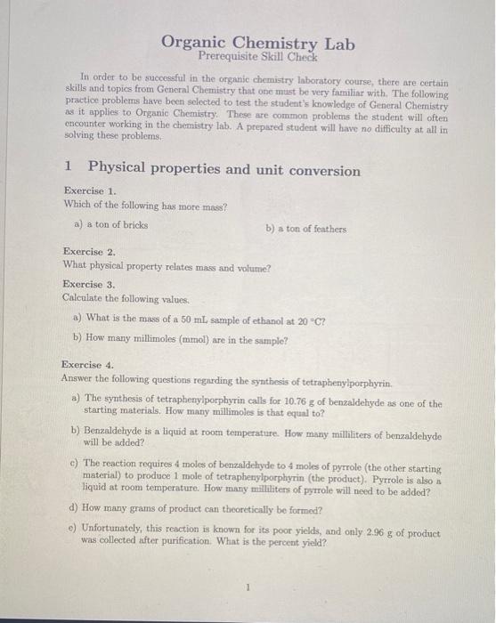 Solved Organic Chemistry Lab Prerequisite Skill Check In | Chegg.com