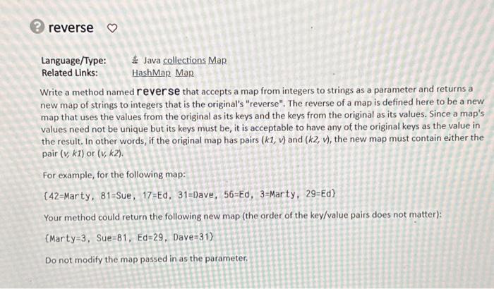 Solved Language/Type: Java collections Map Related Links: | Chegg.com