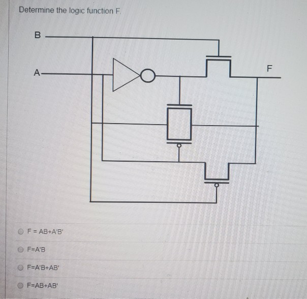 Solved Determine the logic function F. OF=AB+A'B OF=A'B | Chegg.com