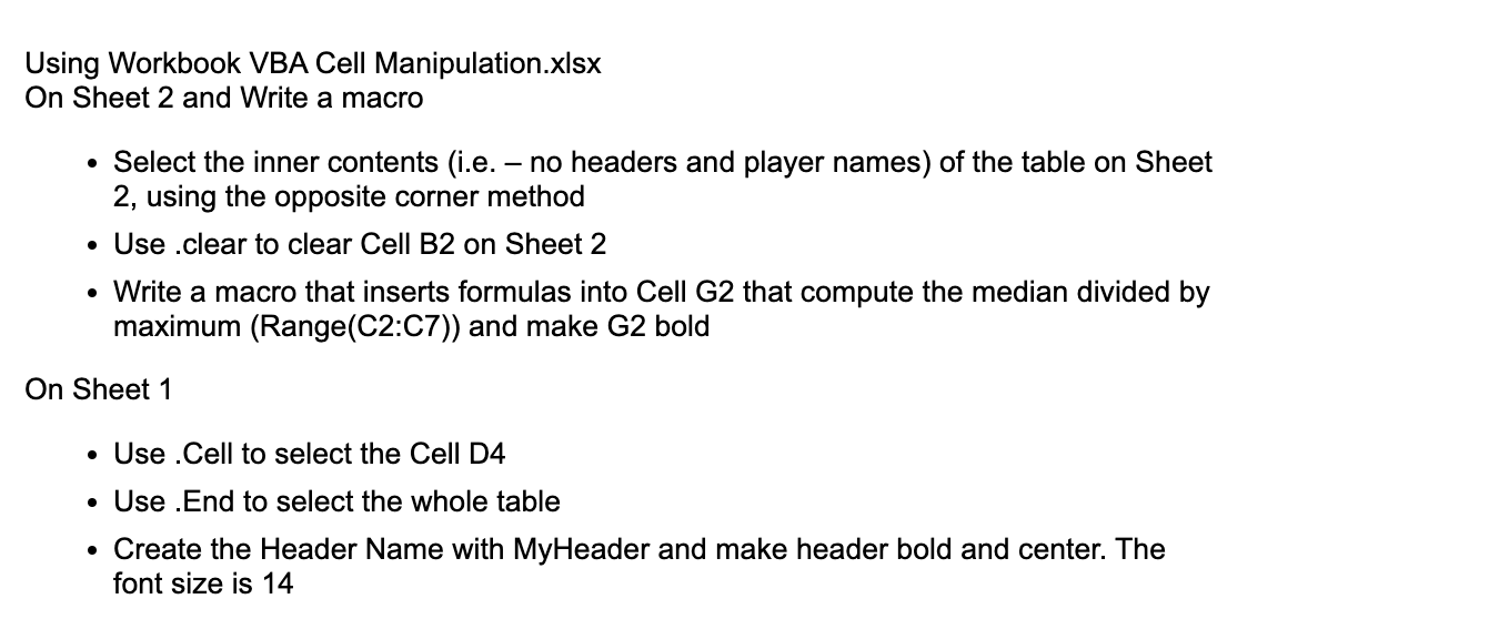 Solved Using Workbook VBA Cell Manipulation.xlsxOn Sheet 2 | Chegg.com