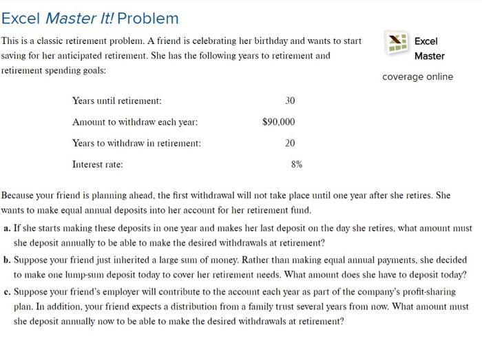 Solved Excel Master It! Problem This is a classic retirement | Chegg.com