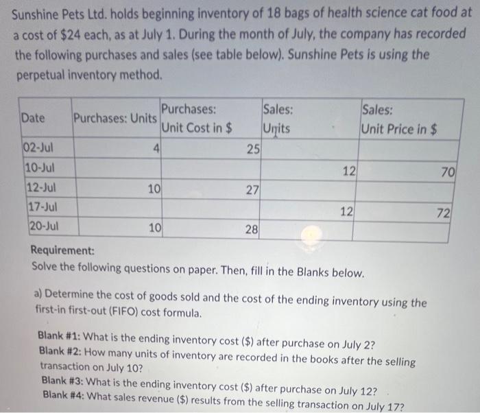Solved Sunshine Pets Ltd. holds beginning inventory of 18 | Chegg.com