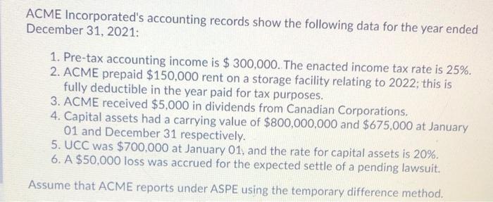 Solved ACME Incorporated's accounting records show the | Chegg.com