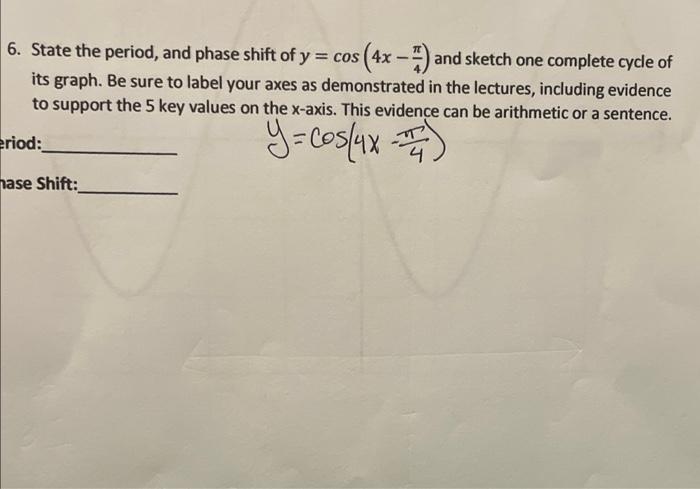 Solved 6. State the period, and phase shift of y=cos(4x−4π) | Chegg.com