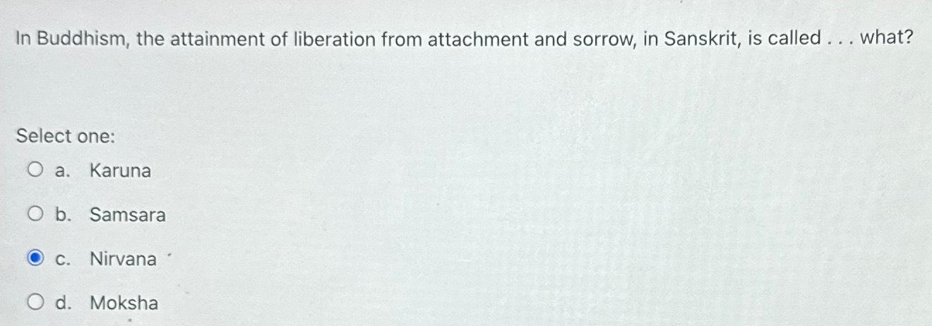 Solved In Buddhism, the attainment of liberation from | Chegg.com