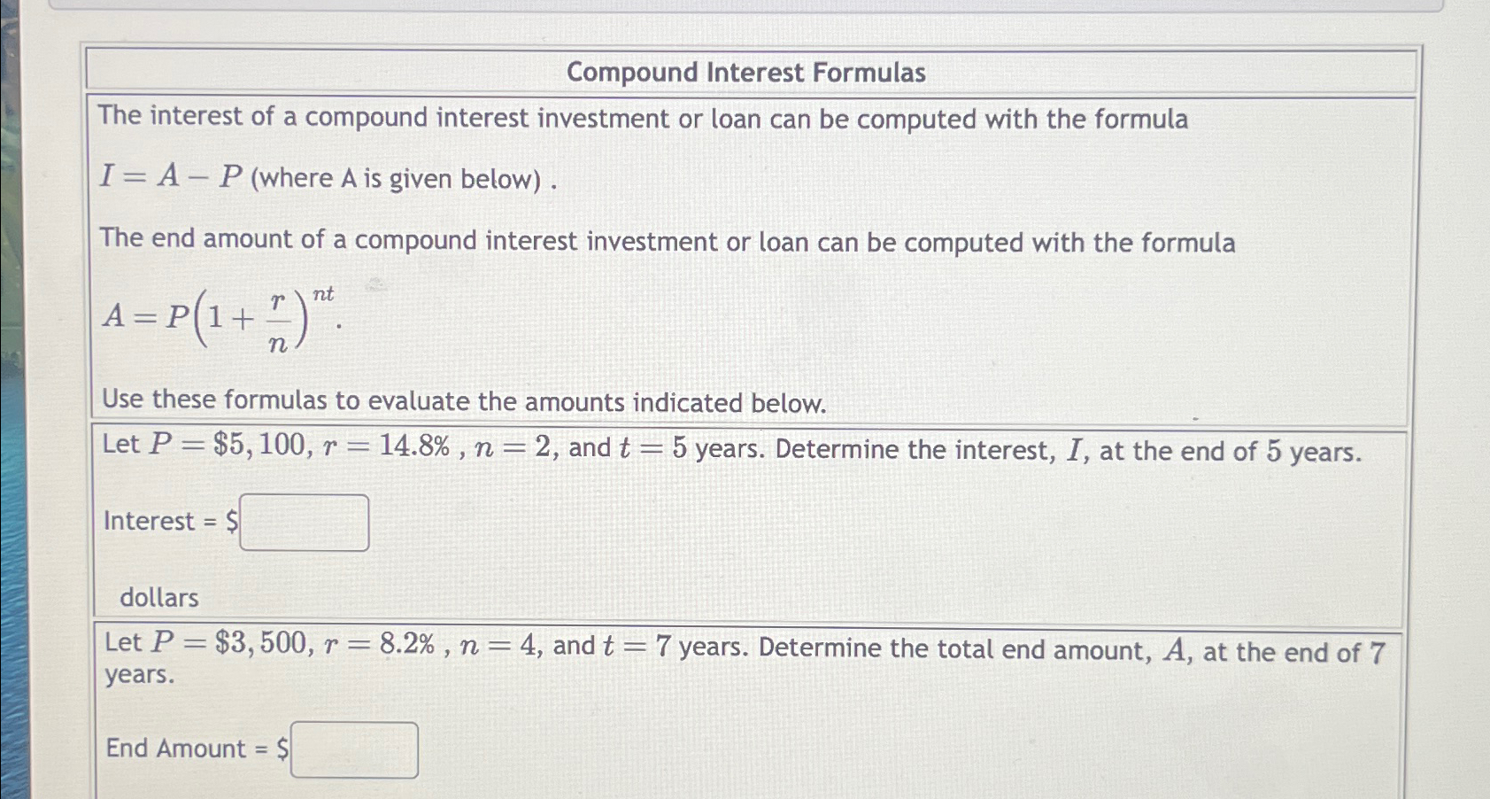 Solved Compound Interest FormulasThe interest of a compound | Chegg.com