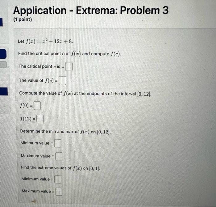 Solved Let f(x)=x2−12x+8 Find the critical point c of f(x) | Chegg.com