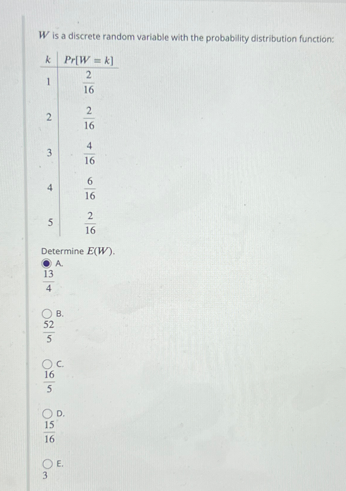 Solved W ﻿is a discrete random variable with the probability | Chegg.com