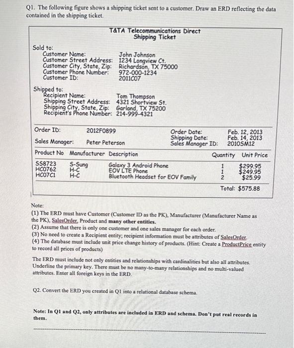 Solved Q1. The following figure shows a shipping ticket sent | Chegg.com