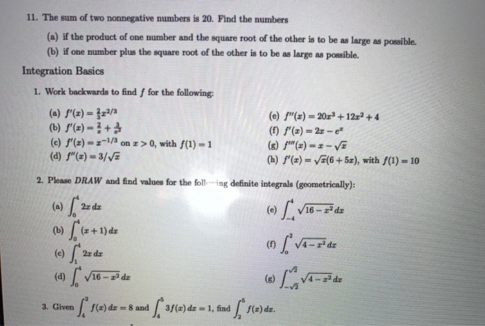 Solved 11. The sum of two nonnegative numbers is 20. Find | Chegg.com