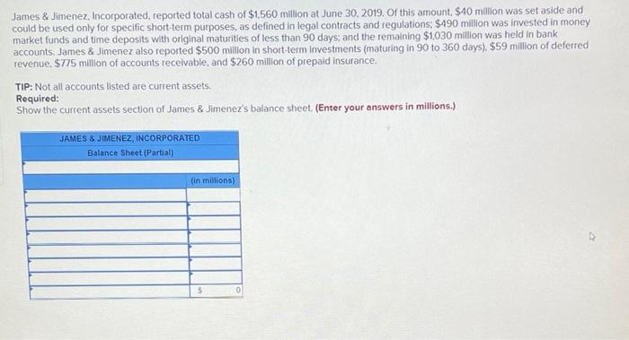 Solved James \& Jimenez. Incorporated, reported total cash | Chegg.com