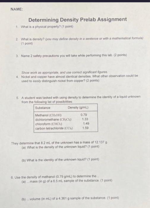 Solved Determining Density Prelab Assignment 1. What is a | Chegg.com