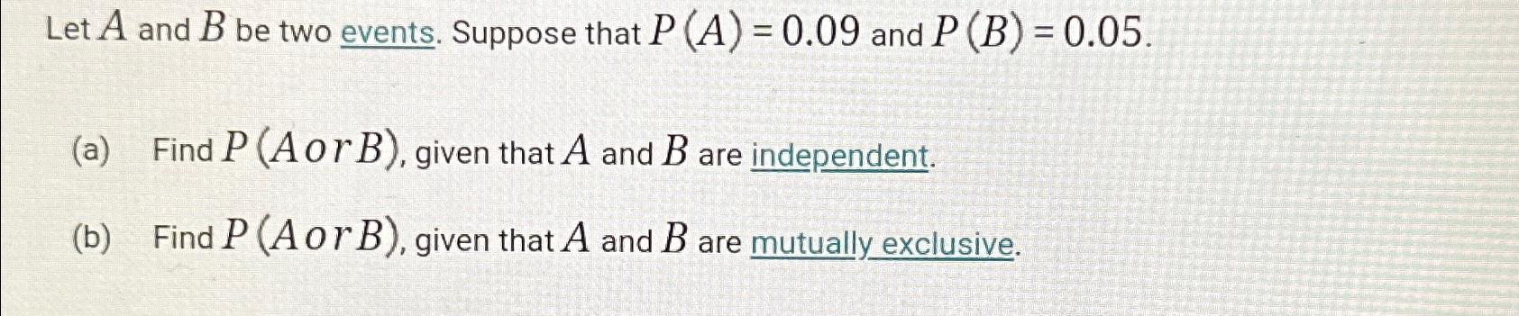 Solved Let A and B ﻿be two events. Suppose that P(A)=0.09 | Chegg.com