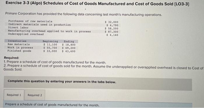 Solved Exercise 3-3 (Algo) Schedules of Cost of Goods | Chegg.com