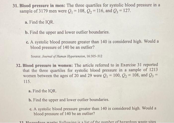 Solved 31. Blood pressure in men: The three quartiles for | Chegg.com