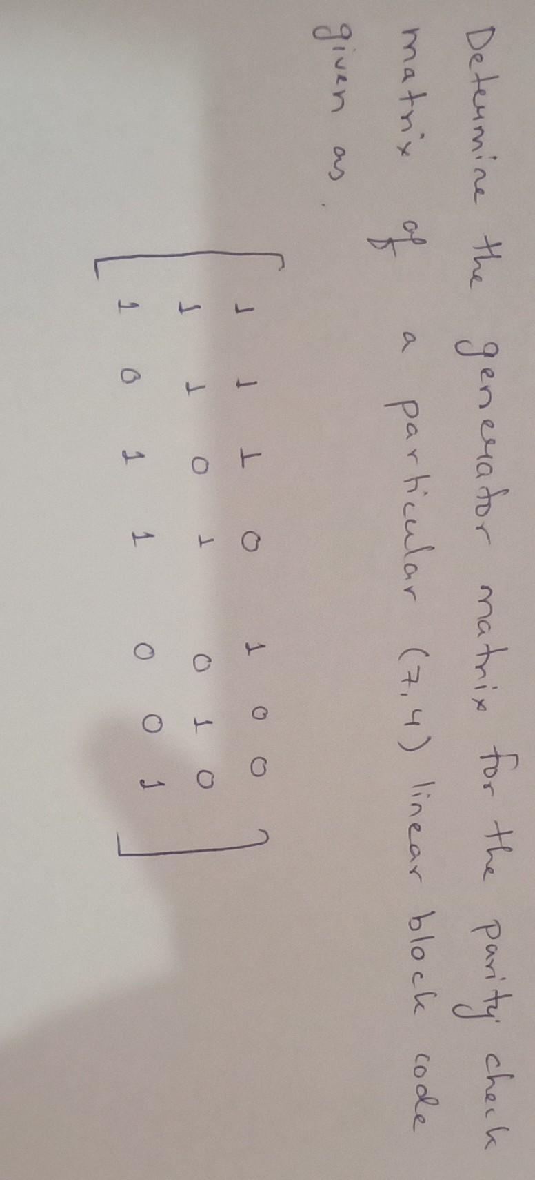Solved check Determine the generator matrix for the parity | Chegg.com