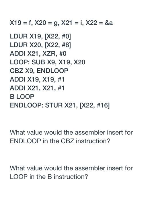 Solved X19=f,X20=g,X21=i,X22=&a LDUR X19, [X22,\#0] LDUR | Chegg.com