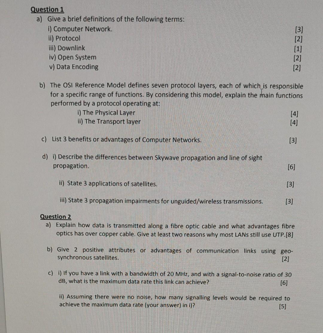 Solved Question 1 a) Give a brief definitions of the | Chegg.com