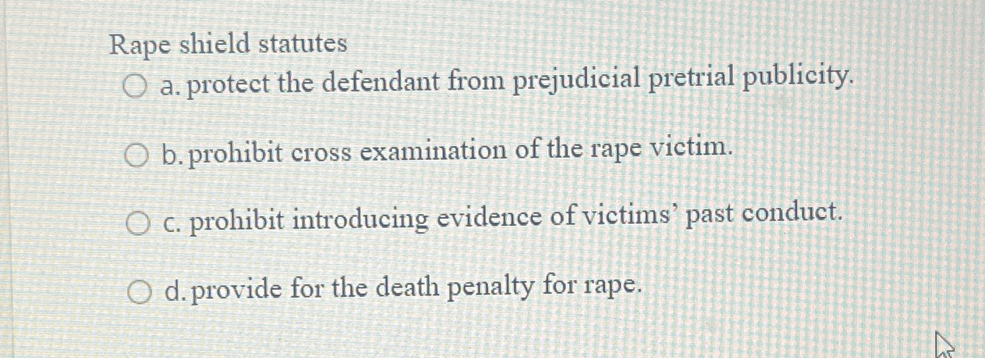Solved Rape shield statutesa. ﻿protect the defendant from | Chegg.com