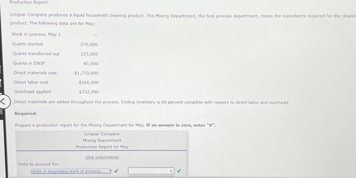 Solved Prepare a production report for the Mixing Department | Chegg.com