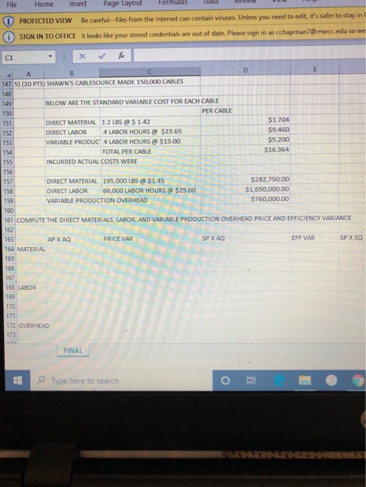 Solved File Home insert Page Layout Formulas ata e PROTECTED | Chegg.com