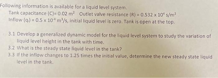 Solved Following information is available for a liquid level | Chegg.com