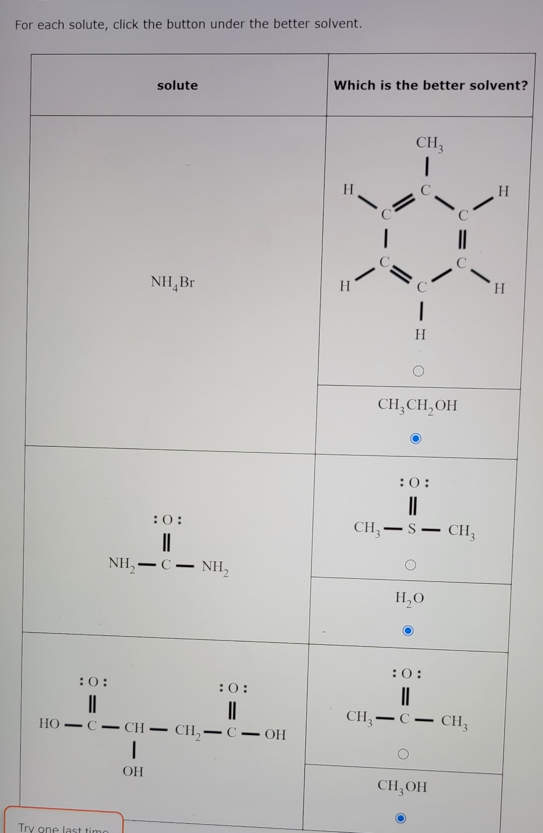 Solved For each solute, click the button under the better | Chegg.com