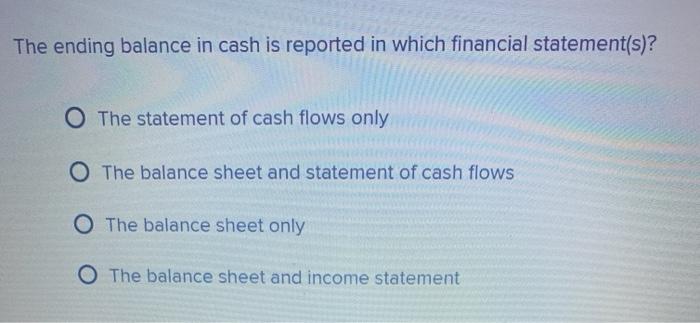 Solved the ending balance in cash is reported in which | Chegg.com