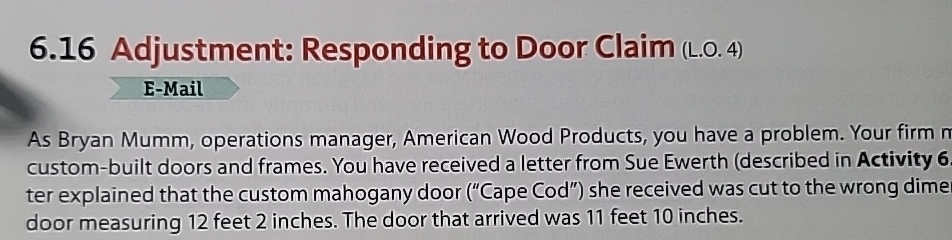 Solved 6.16 ﻿Adjustment: Responding to Door Claim | Chegg.com