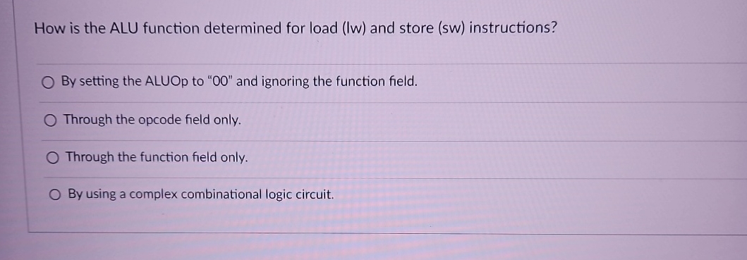 Solved How is the ALU function determined for load (Iw) ﻿and | Chegg.com