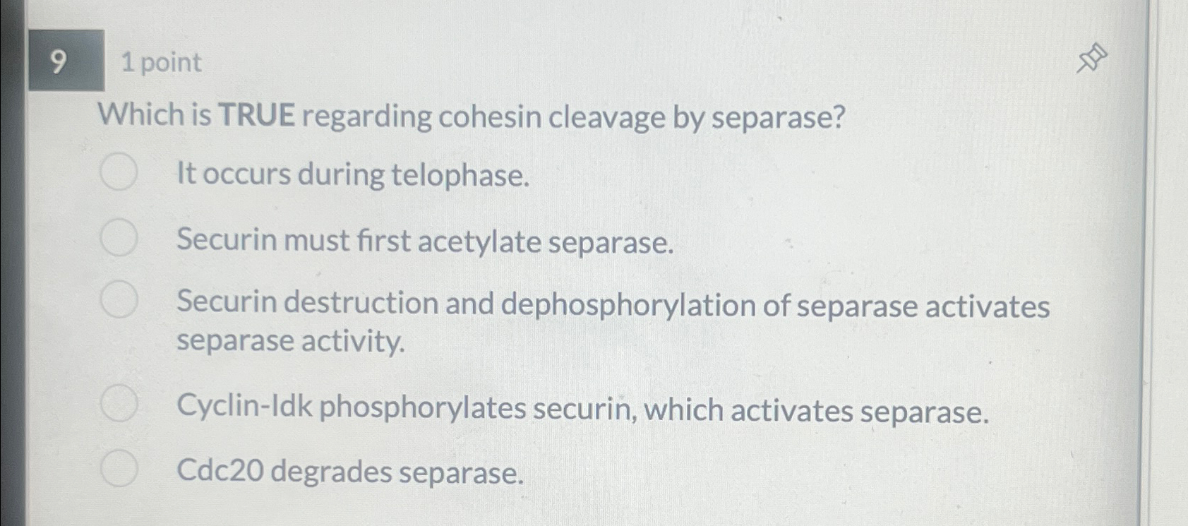 Solved 1 ﻿pointWhich is TRUE regarding cohesin cleavage by | Chegg.com