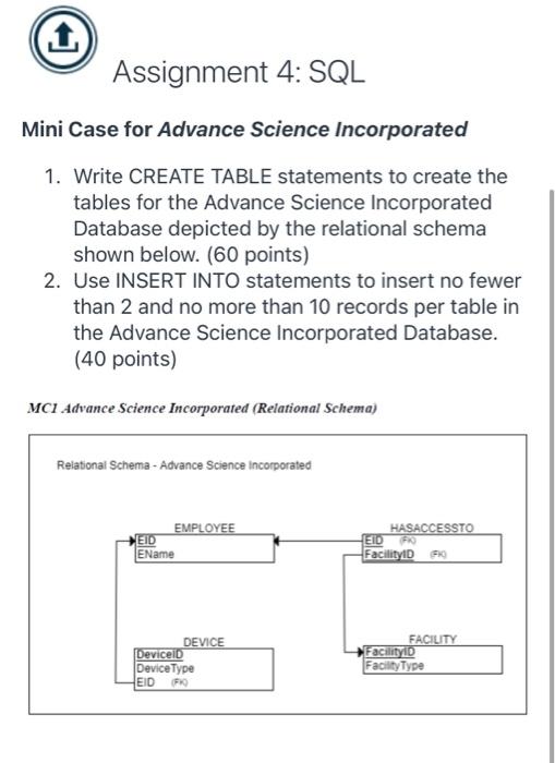 Solved Assignment 4: SQL Mini Case for Advance Science | Chegg.com