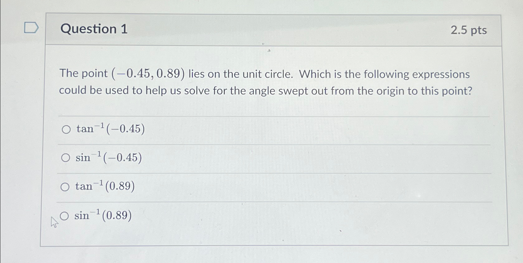 Solved Question 12.5ptsThe point (-0.45,0.89) ﻿lies on the | Chegg.com