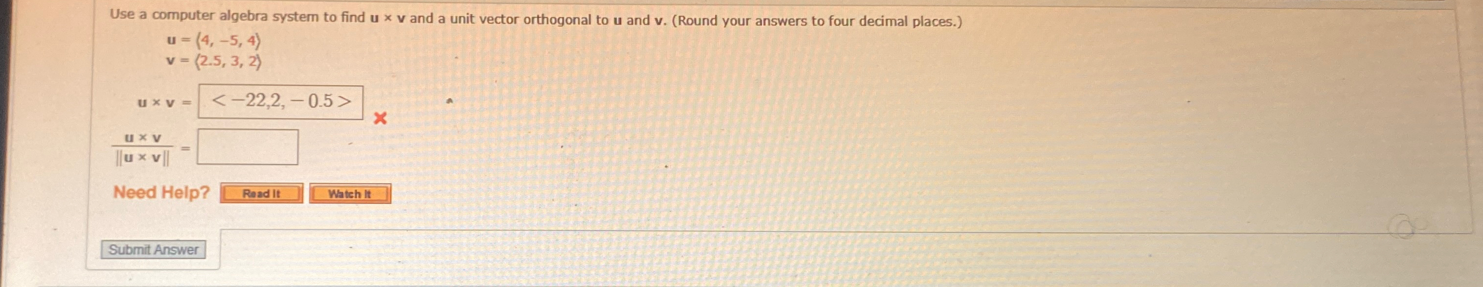 Solved Use a computer algebra system to find u×v ﻿and a unit | Chegg.com